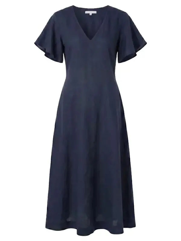 Adrift Clothing Tatum Linen Flutter Sleeve Dress In Navy - Blue