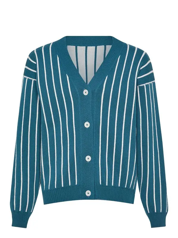 INGMARSON Blue / White Thin Striped Wool & Cashmere Cardigan - Blue/white