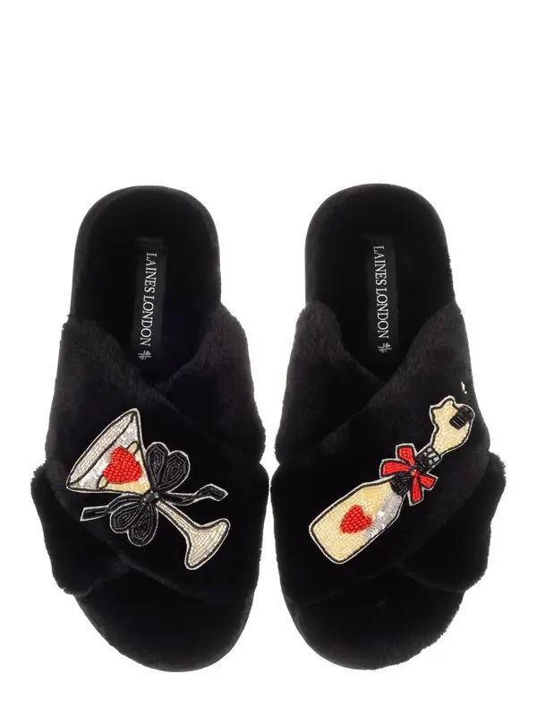 LAINES LONDON Classic Laines Slippers With Popping Champagne Brooches - Black