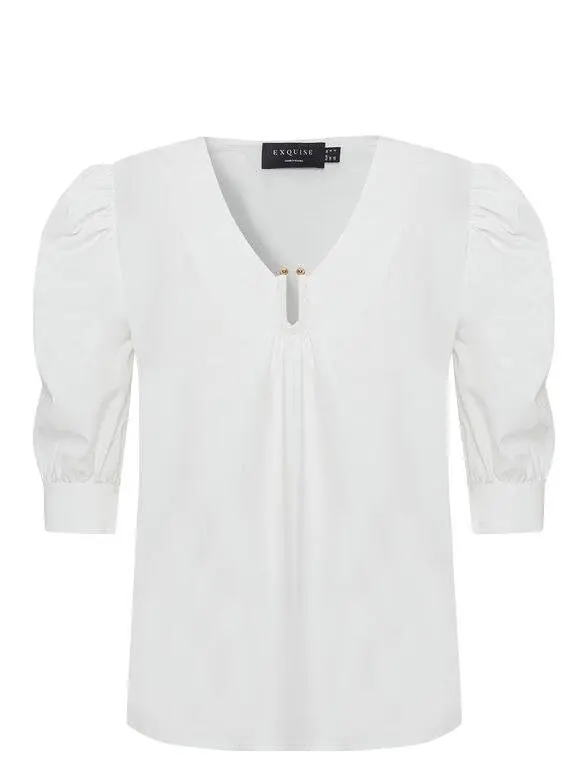 EXQUISE Regular Puff Sleeve Poplin Keyhole Blouse - White
