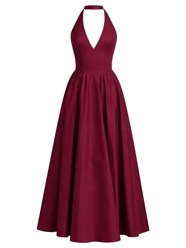 ICON LEVA Brown / Red Aurelia Cotton Halter Corset Maxi Flare Dress Burgundy - Brown/red