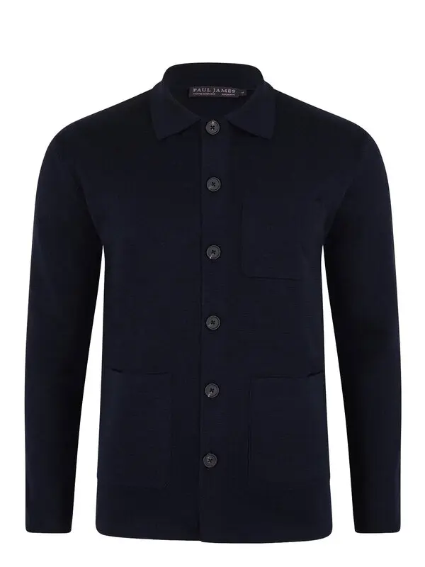 PAUL JAMES KNITWEAR Extra Fine Merino Wool Fabrizio Work Shirt Navy - Blue