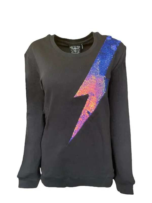 ANY OLD IRON Iridescent Oil Slick Reversible Sequin Lightning Sweatshirt - Black