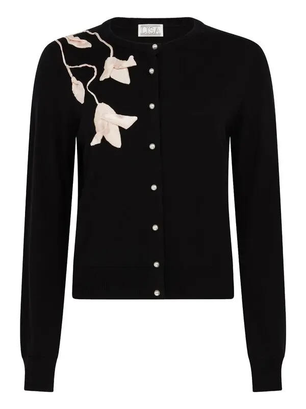 LISA THE LABEL Magnolia Appliqué Cardigen In Noire - Black