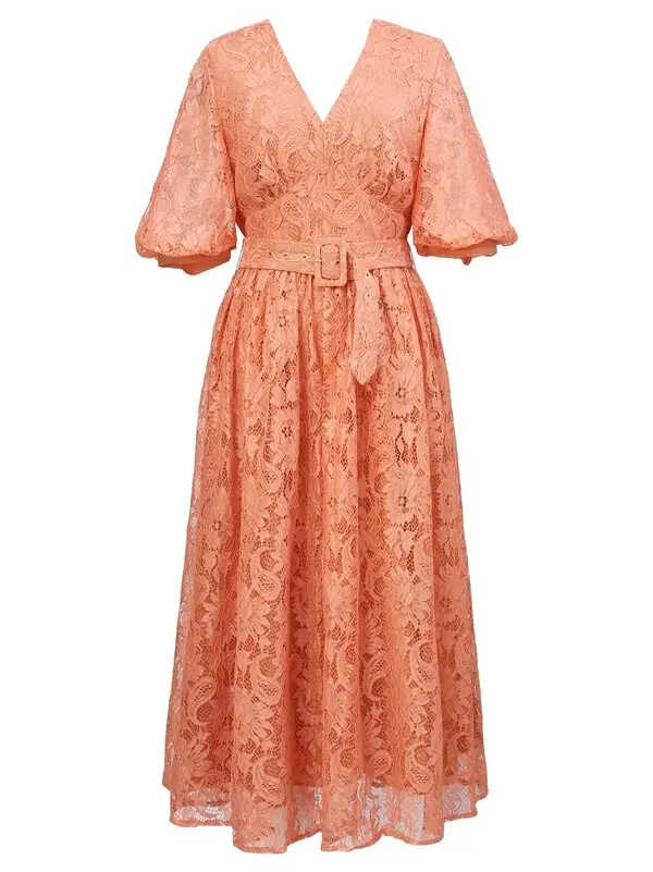 SMART AND JOY All-lace Puffy Sleeves Dress With Belt Apricot - Orange