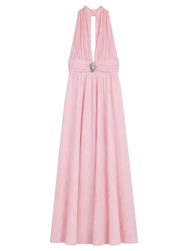 NOCTURNE Pleated Halterneck Maxi Dress With Brooch Detail - Pink