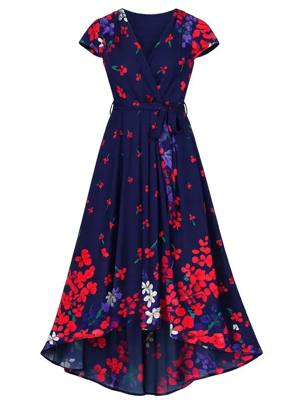 YUMI Navy Floral Mirror Wrap Dress With Dip Hem - Blue