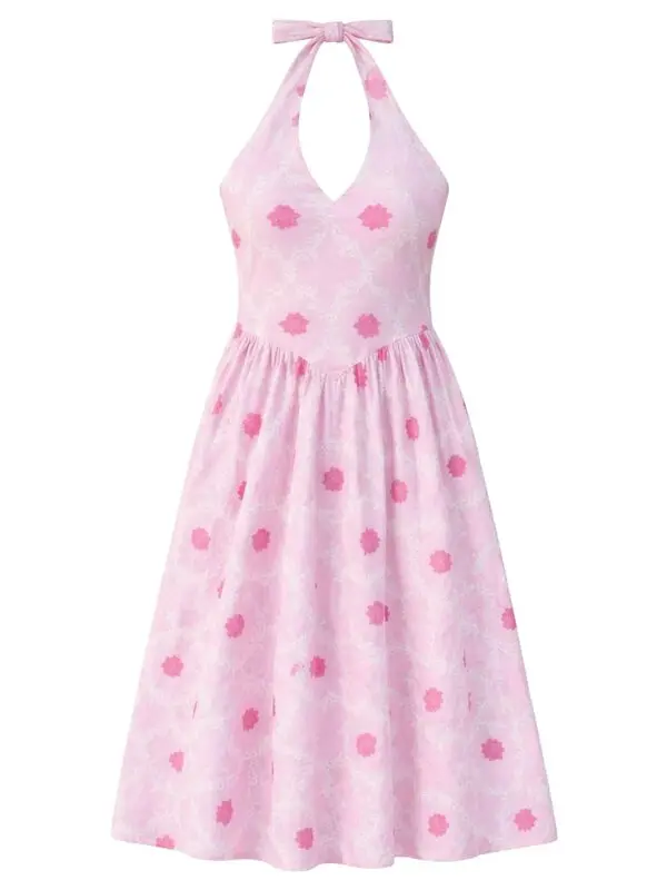 HOUSE OF GL Padmae Hand-block Cotton Halter Neck Midi Floral Dress - Pink