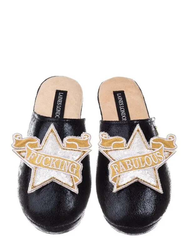 LAINES LONDON Softie Slippers With Fucking Fabulous White Star Brooches - Black