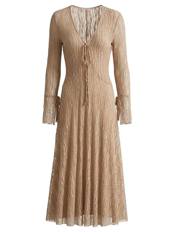 BELSIZE25 Neutrals Trumpet Dress Flared Sleeve Sheer Lace Knit Dress - Beige