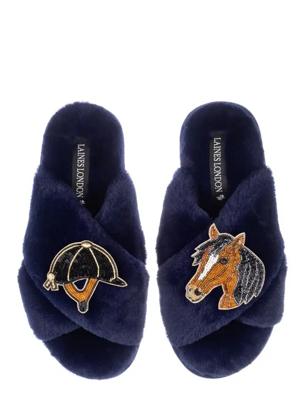 LAINES LONDON Classic Laines Slippers With Riding Hat & Horse Brooches Navy - Blue