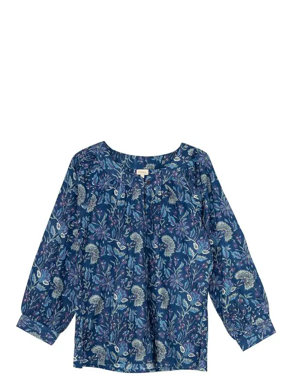 INARA Indian Cotton Lagoon Buttoned Smock Top - Blue