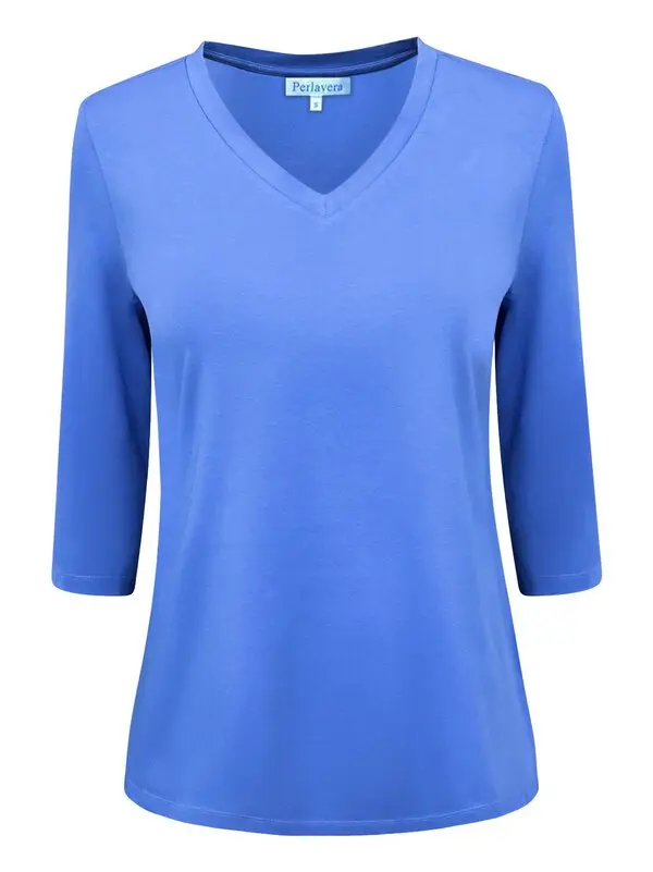 PERLAVERA Tony Solid Cotton Spandex Three Quarter Sleeve Length V-neck T-shirt - Blue