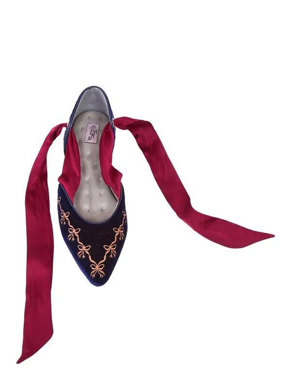 Natalia Petruch Blue / Red Clotilde Velvet Embroidered Flats With Silk Straps In Navy - Blue/red