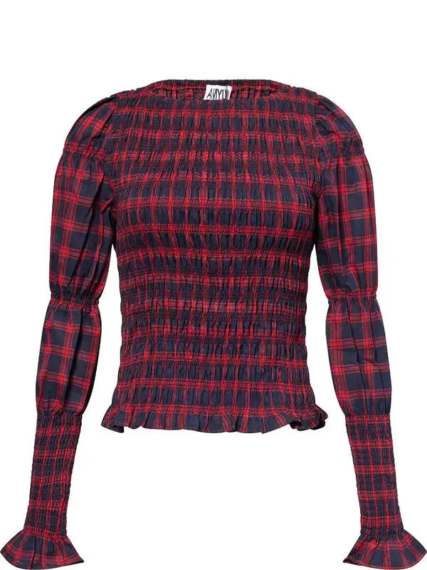 AMY LYNN Iris Pure Cotton Plaid Smocked Top - Red