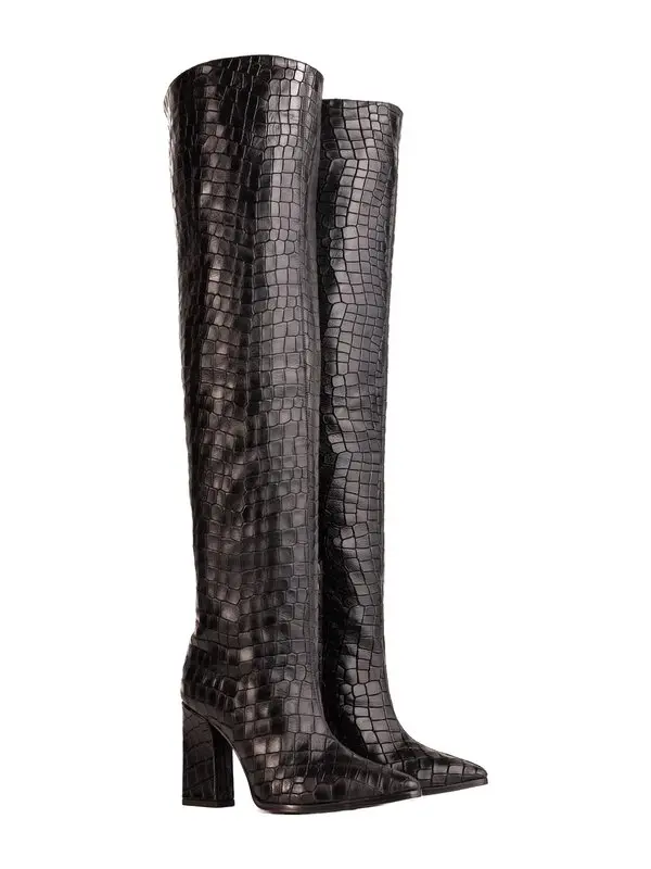 ROSAMUND MUIR LONDON Roma Crocodile Print Over Knee Boots - Black