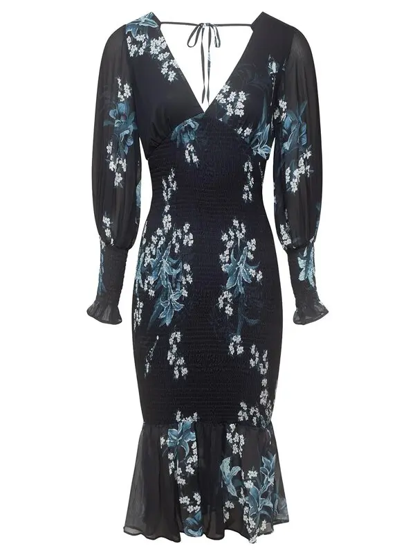 URBAN TOUCH Floral Print Bodycon Style Long Sleeve Dress Navy - Blue