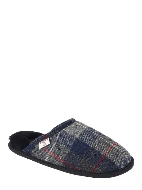 BEDROOM ATHLETICS William Harris Tweed Sheepskin Lined Mule Slippers Navy / Black Check - Blue