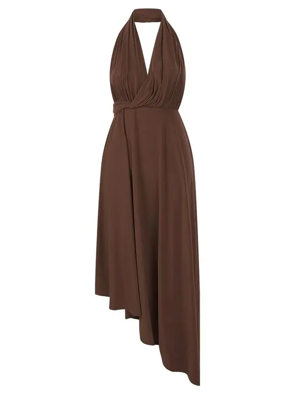 CELESTINE & MAE Gaia Halterneck Midi Dress In Woodsmoke Tan - Brown