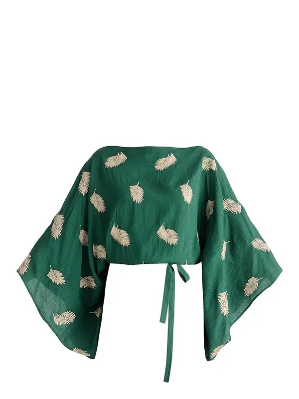 PAISIE Leaf Embroidered Kimono Sleeves Top - Green