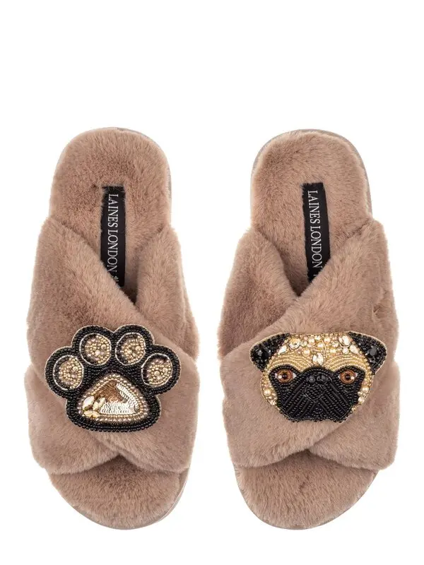 LAINES LONDON Classic Laines Slippers With Franki The Fawn Pug & Paw Brooches Toffee - Brown