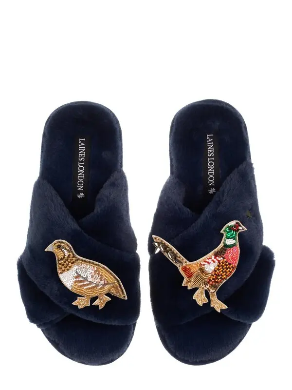LAINES LONDON Classic Laines Slippers With Pheasant & Hen Brooches Navy - Blue