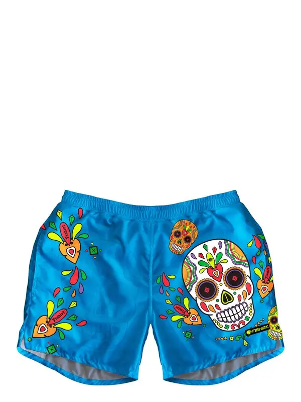FISHIRT Swim Shorts Mexican Skull Graphic Muertos Style - Blue