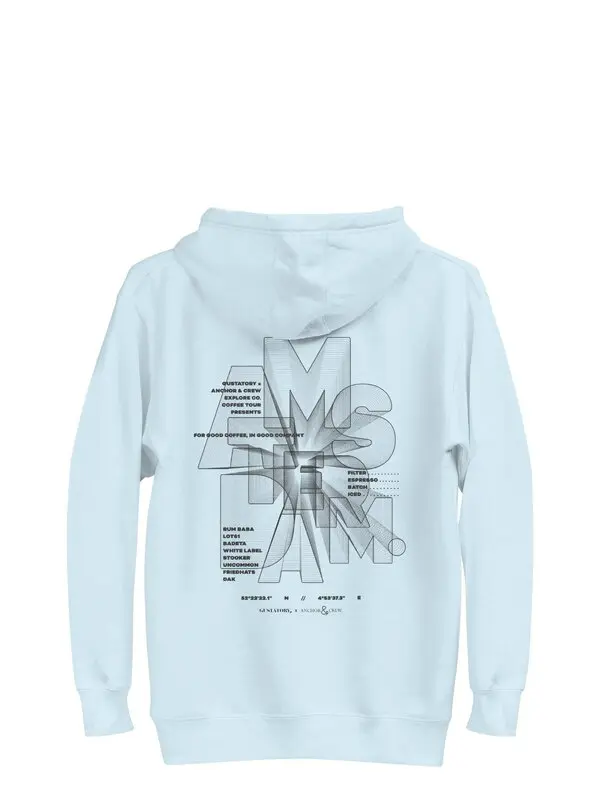 ANCHOR & CREW Sky Gustatory Amsterdam Coffee Scene Cotton Blend Embroidered Hoodie - Blue