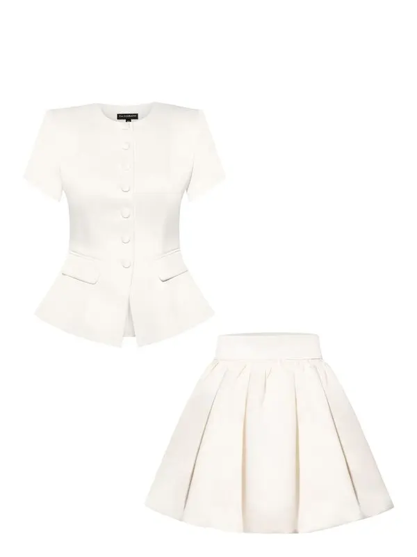 TIA DORRAINE Romantic Glow Short Sleeves Blazer & Balloon Skirt Set Pearl - White