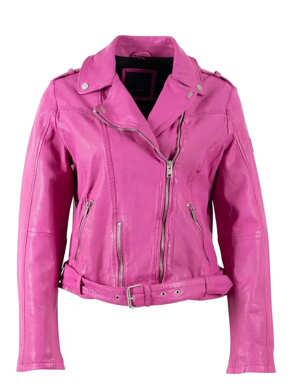 Mauritius Belted Slim Fit Leather Jacket Wild Electric Fuchsia - Pink
