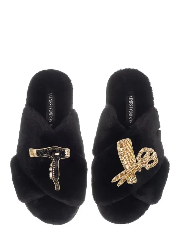 LAINES LONDON Classic Laines Slippers With Hairdresser Brooches - Black