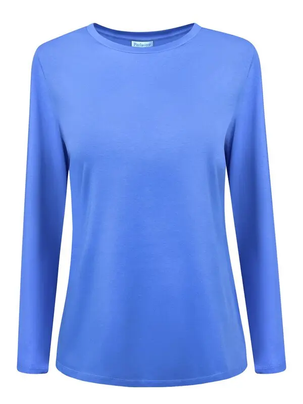 PERLAVERA Tanya Solid Cotton Spandex Long Sleeve Length Crew Neck T-shirt - Blue