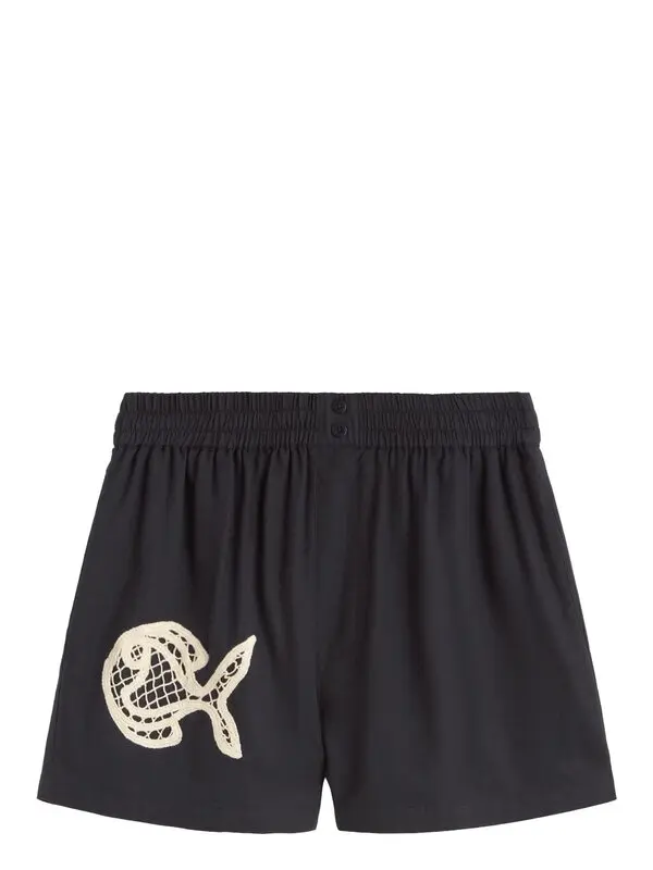 THINKING MU Shorts Hand Embroidered Fish Geraldine - Blue