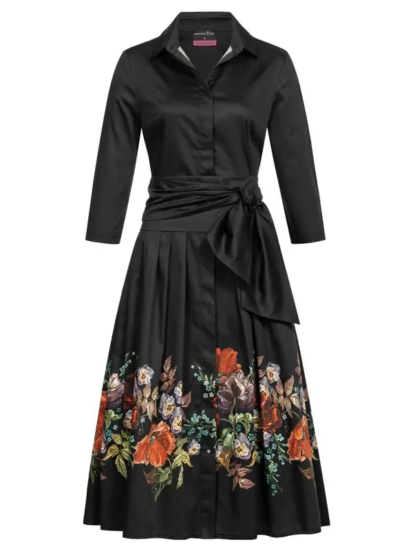 MARIANNA DÉRI Floral Border Shirtdress With Detachable Wide Belt - Black