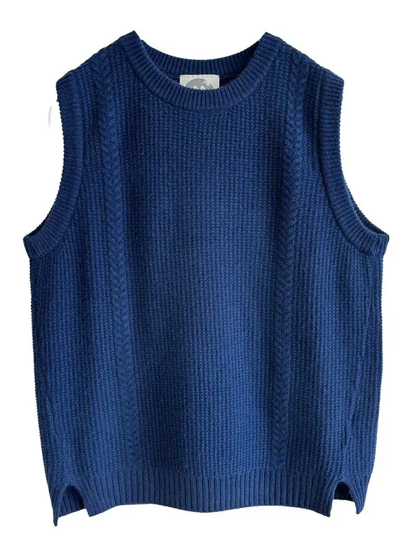 ZENZEE Wool Cashmere Crew Neck Cable Knit Vest Navy - Blue