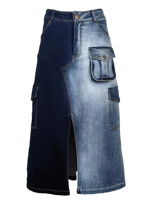 LALIPOP DESIGN A Line Cargo Pocket Midi Denim Skirt - Blue