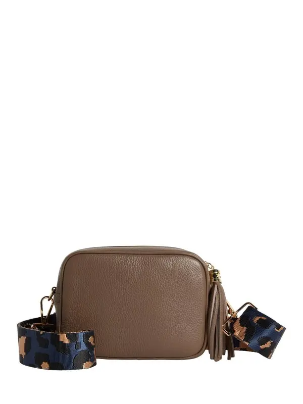 BETSY & FLOSS Verona Crossbody Dark Taupe Tassel Bag With Dark Blue Leopard Strap - Brown