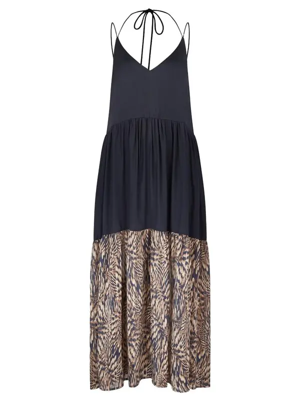 TRAFFIC PEOPLE Blue / Brown A Little Breeze Navy Animal Print Tiered Ithaca Maxi Dress - Blue/brown