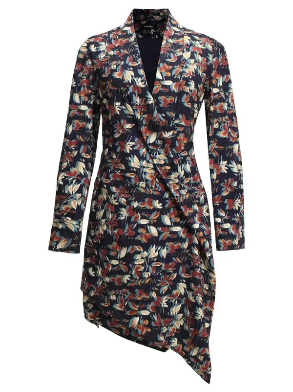 SMART AND JOY Draped Short Tunic Dress In Leaves Print - Blue