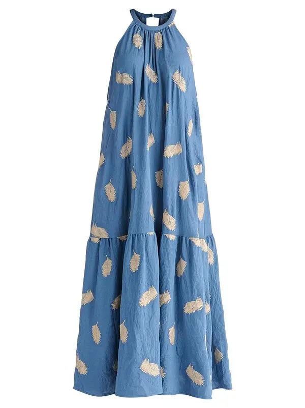 PAISIE Leaf Embroidered Halterneck Maxi Dress - Blue