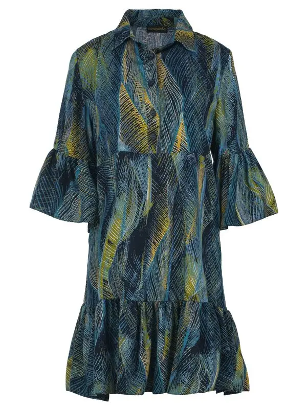 CONQUISTA Azure Feather Print Viscose Dress - Blue