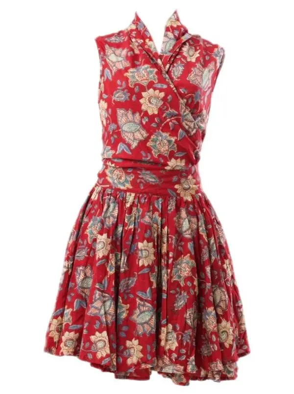 WILD ROSE Wrap Floral Cotton Hand Block Print Dress - Red