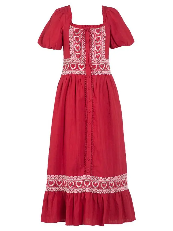 ROSE & NANCY Harri And White Cotton Heart Embroidery Short Sleeve Maxi Dress - Red