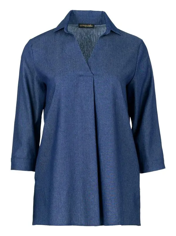 CONQUISTA Denim Style V Neck Top - Blue