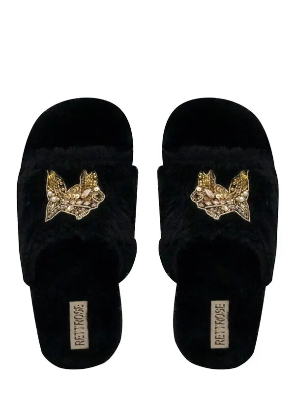 RETTROSE Mae Luxury Plush Diamanté Embellished Handmade Slipper - Black