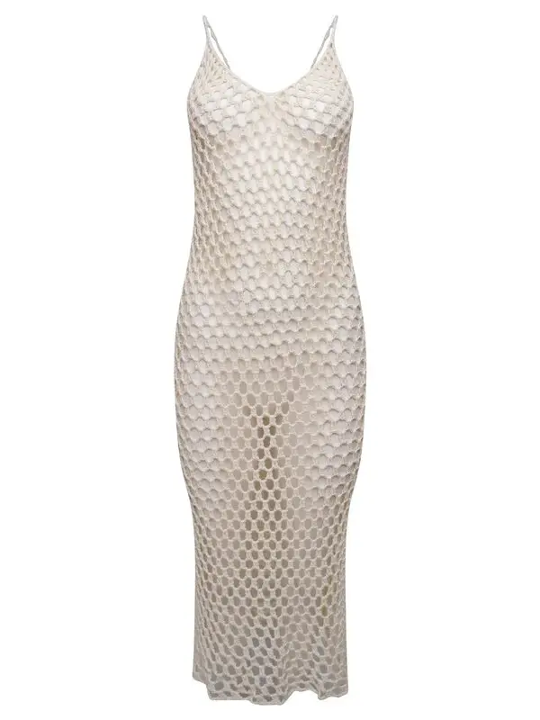 LATELIER LONDON Sardinia Beige Cotton Crochet Midi Dress - White