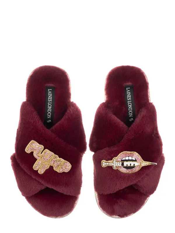 LAINES LONDON Classic Laines Slippers With Plump It Pout Brooches Limited Edition Burgundy - Red