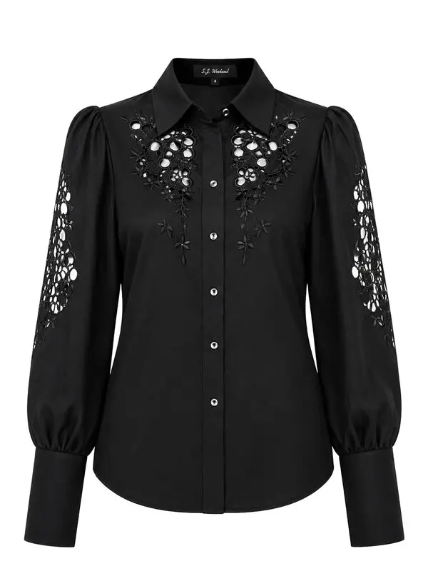 SMART AND JOY Embroidered Organza Blouse - Black