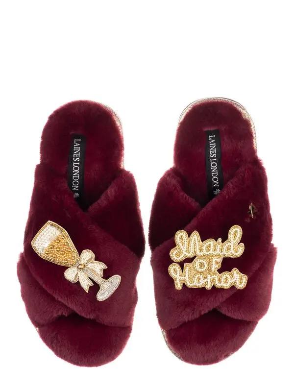 LAINES LONDON Classic Laines Slippers With Maid Of Honor Brooches Burgundy - Red