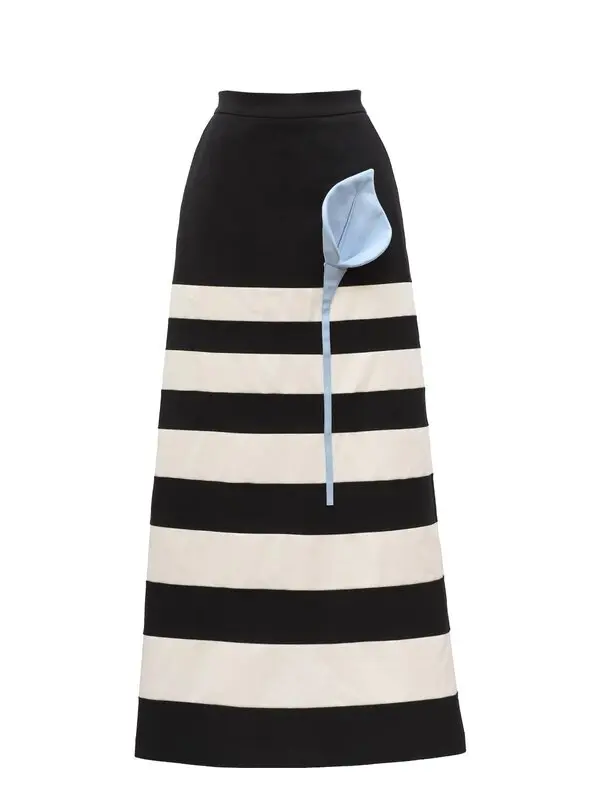 JULIA ALLERT Black / White Contemporary Striped A-line Skirt, Floral Detail– Black-white - Black/white